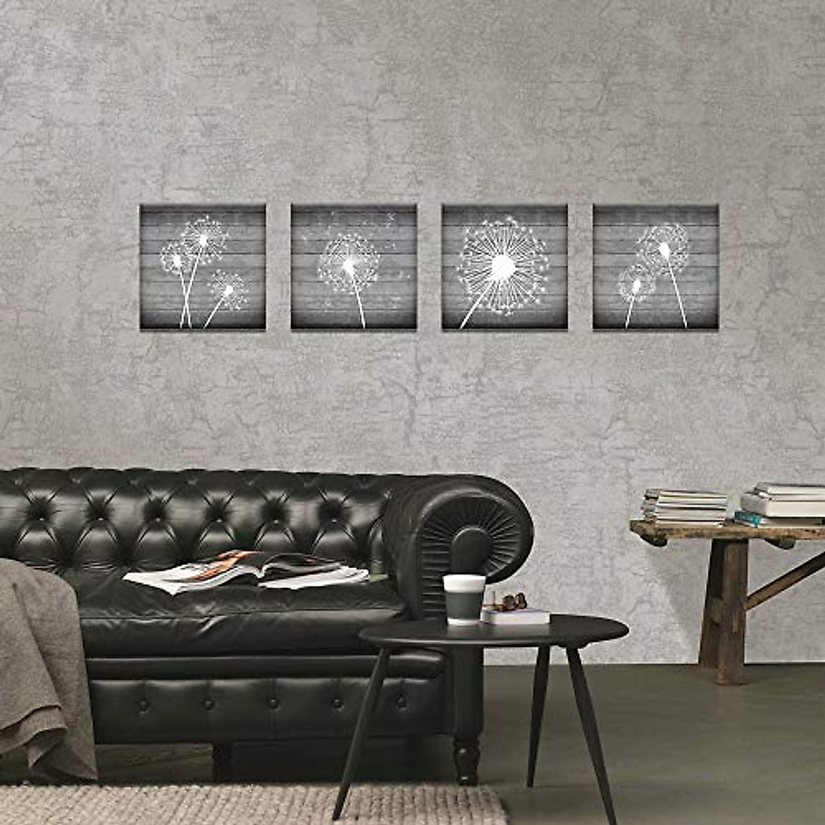 sechars 4 Piece Flower Wall Art White and Grey Dandelion Picture Canvas Painting with Wood Frame Modern Floral Canvas Artwork for Bedroom Bathroom Wall Decorations (12x12inchesx4pcs)