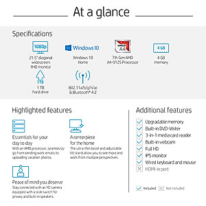 HP 21.5-Inch All-in-One Computer, AMD A4-9125, 4GB RAM, 1TB Hard Drive, Windows 10 (22-c0010, White)