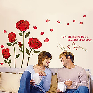 Flowers Rose Wall Stickers, Removable Romantic Wall Stickers Murals, Beautiful Red Rose Wall Decals for Living Room Bedroom TV Background Kids Girls Rooms Decoration (48 x 30inch)