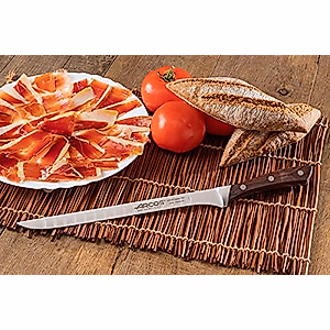 Arcos Forged Slicing Ham Knife 10 inch with 250mm blade. Nitrum Stainless Steel Blade. Professional Kitchen Knife. Rosewood Brown Handle. Rust & Corrosion Resistant. Smooth edge. Natura Series.