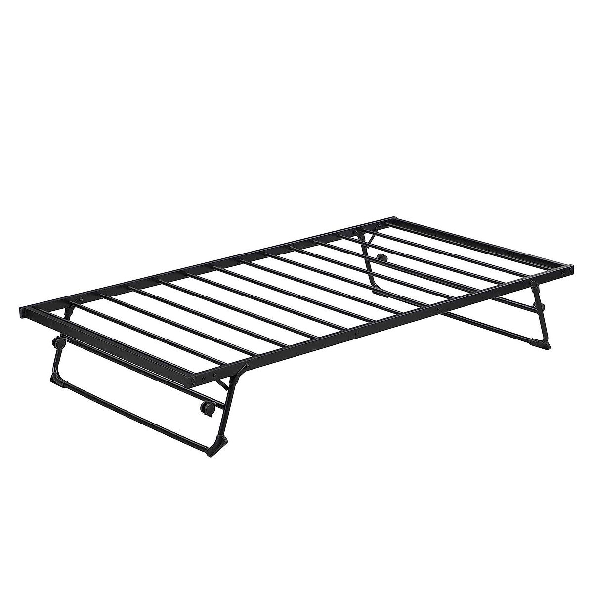 ATY Twin Size Daybed with Adjustable Pop Up Trundle, Sturdy Metal Bedframe w/Safety Guardrail, Perfect for Dorm,Guest Room, Bedroom, Easy Assemble, Black