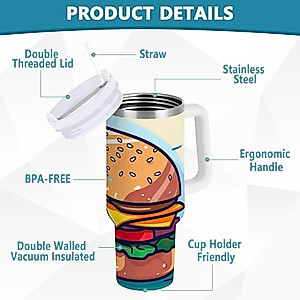 PaChyLuu 40 oz Insulated Tumbler with Handle and Straw Lid, Cartoon Burger Leak-Proof Stainless Steel Travel Coffee Mug for Car Cup Holder