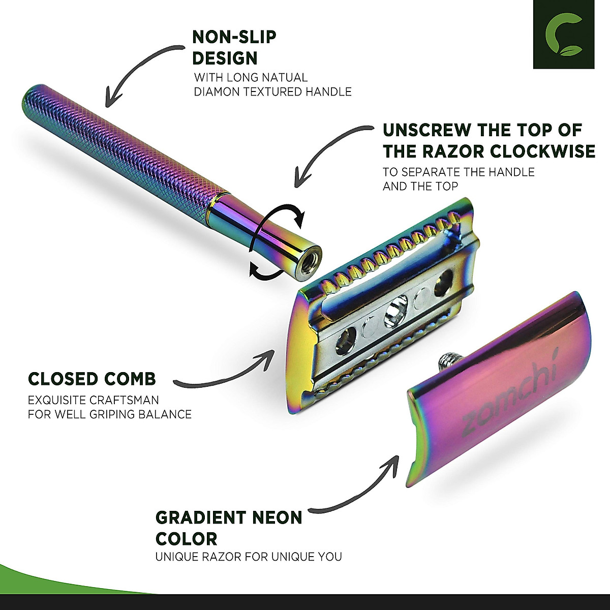 Rainbow Reusable Razor with 50 Counts Safety Razor Blades for Shaving