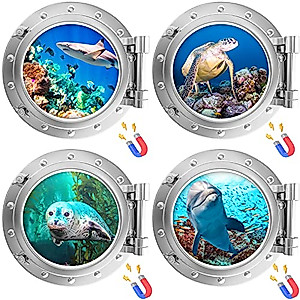 4 Pcs 9.8 Inch Cruise Porthole Magnets Beach Cruise Door Magnet Sea Turtle Shark Seal Dolphin Ocean Animals World Under Sea Decor for Carnival Refrigerator Car Door