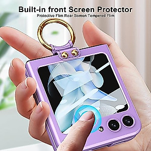 DOOTOO for Samsung Galaxy Z Flip 5 Case with Ring Holder Matte PC Built-in 9H Glass Screen Protector All-Inclusive Shockproof Case (Purple)