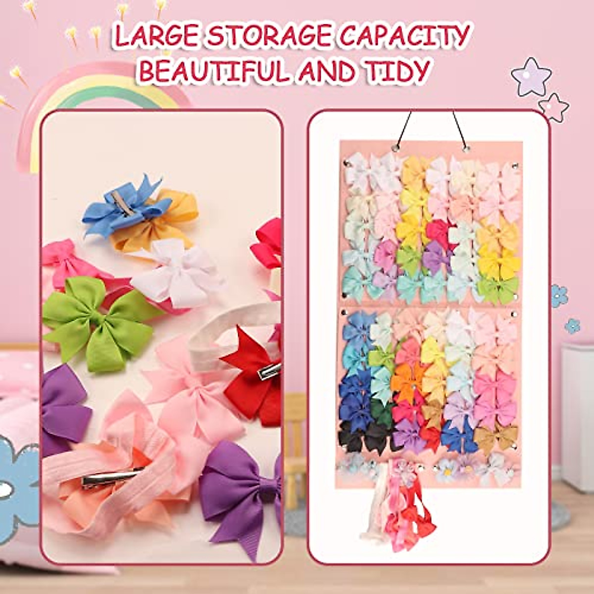 Moobibear Bow Holder Organizer for Baby Girls (With 20 hair clips), Large Capacity Hair Clip Holder, Girls Hair Accessories Storage Organizer with 16 Felts for Nursery Room