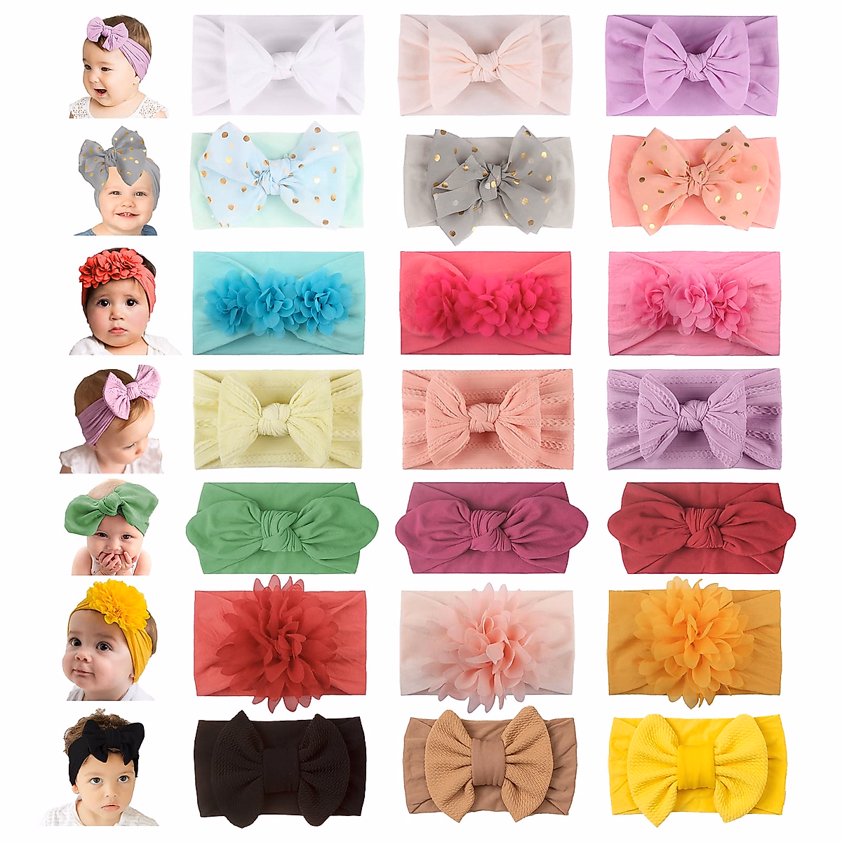 WZT 21PCS Baby Nylon Headbands 7 styles Hairbands Hair Bow Elastics for Girl headbands with bows Newborns Infant Toddlers