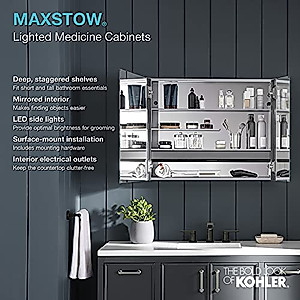 KOHLER K-81146-SLE-DA1 Maxstow Medicine Cabinet with LED Light, Mirror Doors & Staggered Shelves, Rectangular Frame, 32" x 24"
