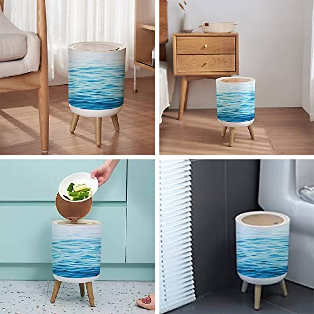 LGCZNWDFHTZ Small Trash Can with Lid for Bathroom Kitchen Office Diaper Blue sea Water Bedroom Garbage Trash Bin Dog Proof Waste Basket Cute Decorative