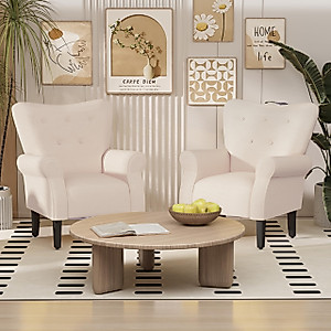 MELLCOM Mid Century Wingback Arm Chair,Modern Upholstered Fabric High Back Accent Chair with Wood Legs,Upholstered Single Sofa Club Chair for Living Room, Bedroom, Home Office, Beige