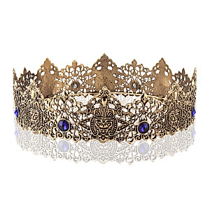 King Men Tiara Crown Imperial Medieval Headband Crystal Pageant Costumes For Birthday Party Prom Halloween Hair Accessories (Dark Gold With Blue Stone)