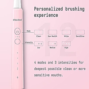 ObeOral Sonic Electric Toothbrush, 12 Modes Rechargeable Tooth Brush with 4 Dupont Bristles, Smart Timer, Whitening Electric Toothbrushes for Adults and Kids 8+, Light Pink