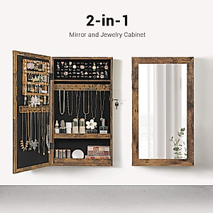 SONGMICS Lockable Jewelry Cabinet Armoire with Mirror, Wall-Mounted Space Saving Jewelry Storage Organizer, Rustic Brown UJJC051K01