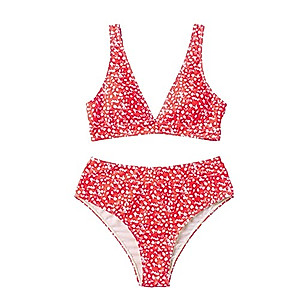 Floerns Women's High Waist Bikini Swimsuit Floral Print V Neck Bathing Suit Watermelon Pink L