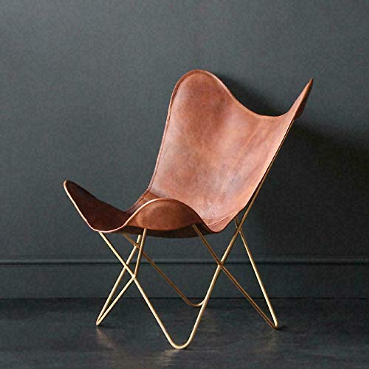 Shy Shy Let’s Touch The Sky Leather Living Room Chairs-Butterfly Chair Brown Leather Butterfly Chair-Handmade with Powder Coated Folding Iron Frame (Cover with Folding Frame) (Golden Frame)