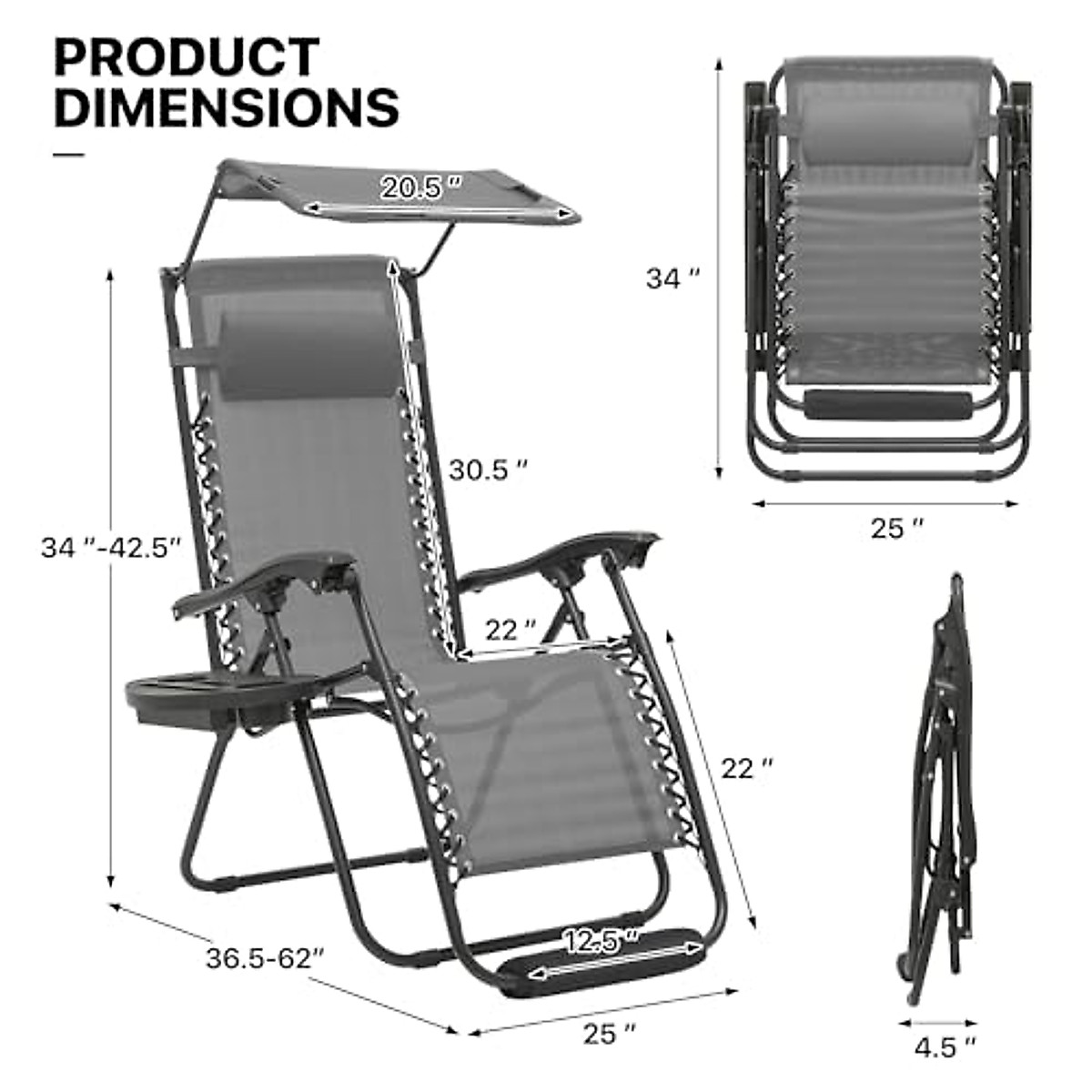 MoNiBloom Zero Gravity Chairs Set of 2, Patio Anti Gravity Recliner with Canopy Shade, Foldable Outdoor Lounger with Cup Holder Tray, Headrest and Footrest for Beach Camping, Grey
