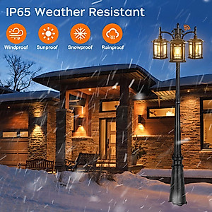 PARTPHONER Dusk to Dawn Outdoor Lamp Post Lights, Black Light Pole with Clear Glass Panels (3 LED Bulbs Included), 3-Head Hardwired Waterproof Outside Street Lights for Backyard Garden Driveway