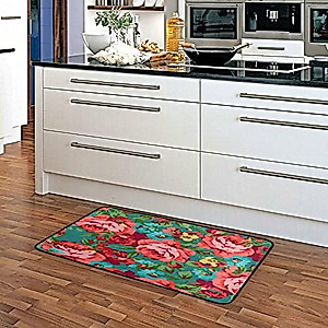 Red Green Rose Kitchen Rugs Bath Rug Runner Comfort Mat Non-Slip Doormats Carpet for Bathroom Indoor 39" X 20"