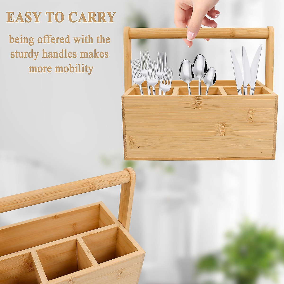 MITUKIYOUNG Utensils Holder, Caddy Cutlery Holder Silverware, Utensils Organizer, Bamboo Utensil Holder And Organizer with Handle, Utensil Holder for Party, Basket Holder for Kitchen Table, Cabinet
