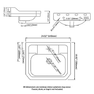 AMASHEN 24" Victoria Sink Without Pedestal, Rectangular Ceramic Bathroom Sink with Single Hole and Overflow, White (Sink Only)