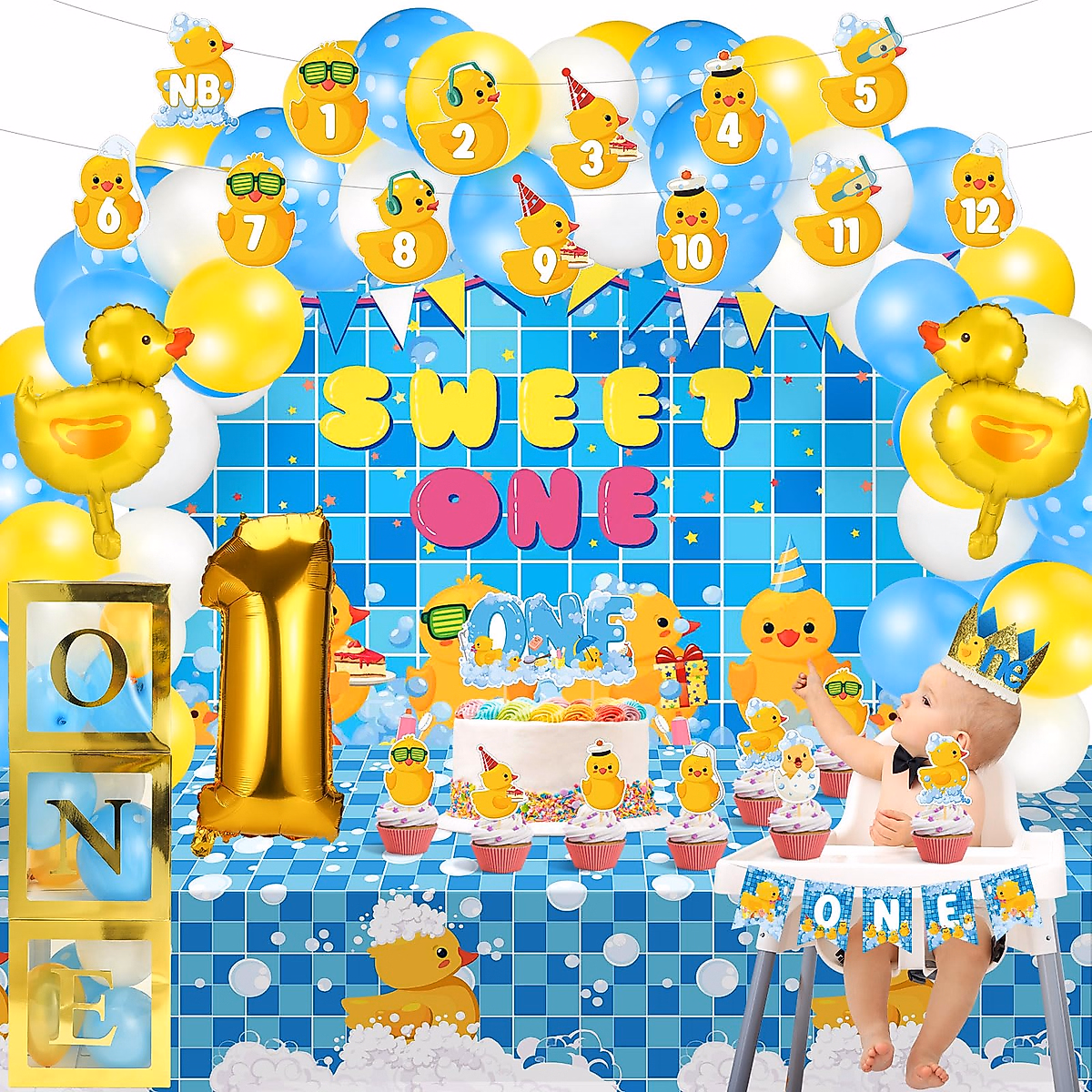 Poen 119 Pcs Sweet One Duck 1st Birthday Party Decorations Set Includes Balloons Backdrop Garland Monthly Photo Highchair Banner Tablecloth Cake Topper Balloon Box Cutout Crown for Duck Party Supplies