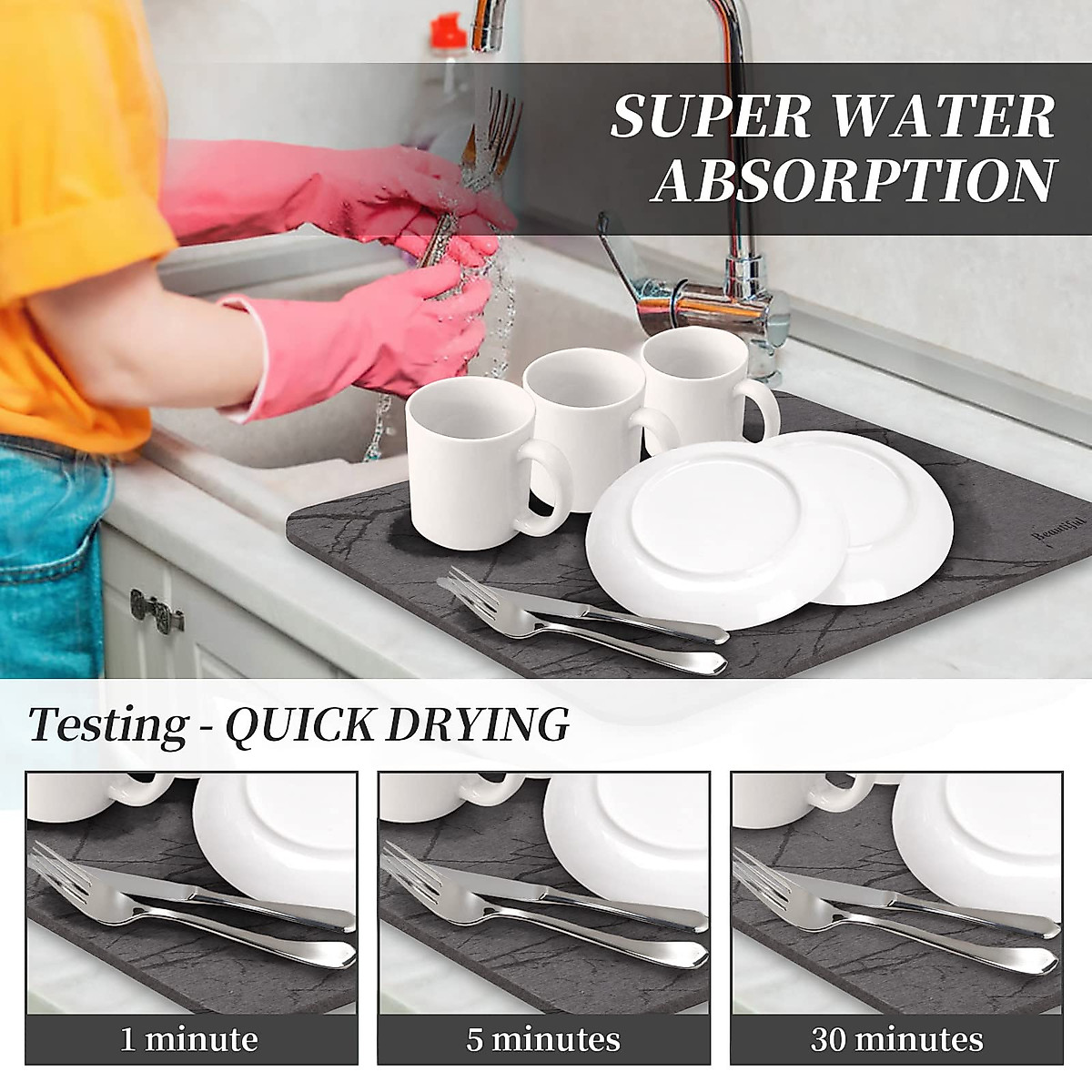 Drying Stone for Kitchen Counter, 16”x12” Diatomaceous Earth Tray, Fast Drying Stone Mat Kitchen, Water Absorbing Stone Tray for Kitchen Bathroom (Grey)