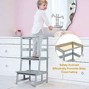 Costzon Kids Kitchen Step Stool with Safety Rail, Toddler Kitchen Stool w/Solid Bamboo Construction, Child Stand Helper for Kitchen Bathroom Living Room, Perfect for Toddler from 18-36 Months (Grey)