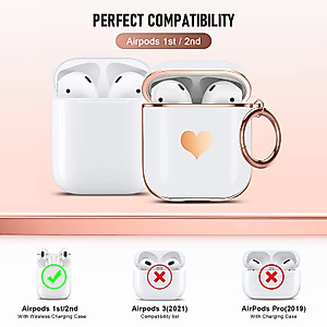 Maxjoy Compatible with Airpods Case,for Airpods 2nd Generation Case Cute Electroplating with Gold Heart Pattern with Lanyard Shockproof Cover for Girls Woman Airpods 2 &1-White