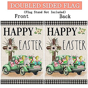 Happy Easter Garden Flag 12x18 Inch Double Sided Buffalo Plaid with Truck Cross Rabbit Eggs,Small Yard Flag for Outside Farmhouse Holiday Spring Outdoor Decor