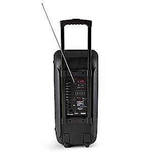 QFX PBX-100 Portable Rechargeable Bluetooth Speaker with LED Party Lights, Dual 10 in. Woofers, TWS, FM Radio, Handles and Wheels