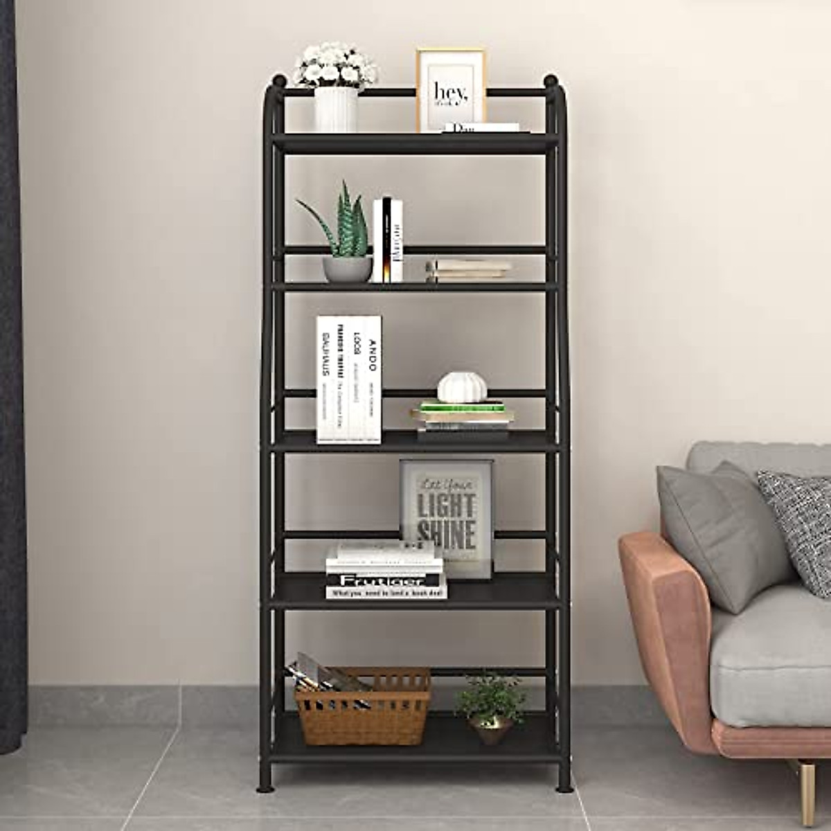 FKUO 5 Tier Metal Shelf Storage Shelves Living Room Bookshelf Bathroom Corner Storage Rack for Kitchen,Indoor Plant Stand (Matte Black, 5 Tier)