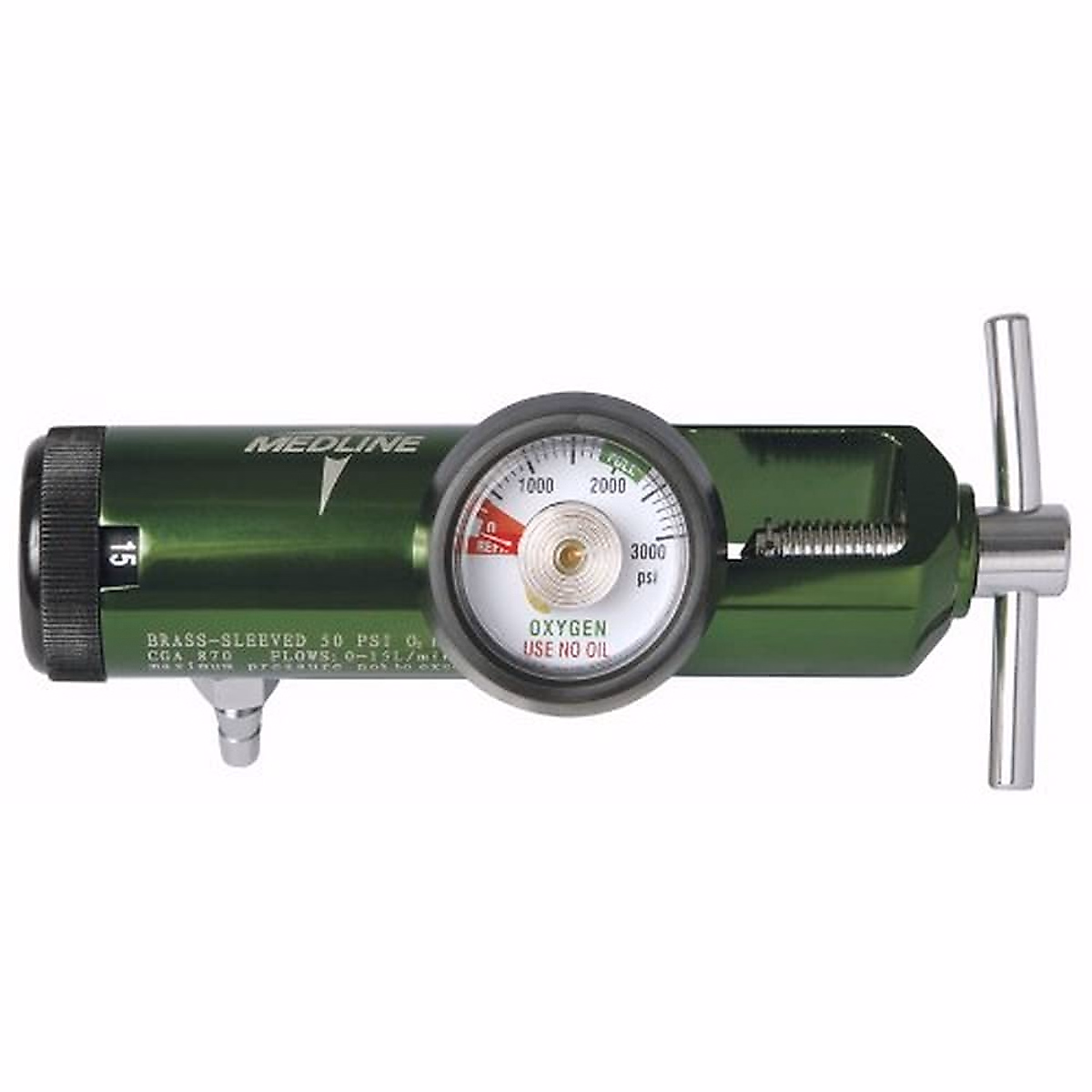 Medline Mini Oxygen Regulator, Latex Free, 0-15 Liters per Minute, 870 CGA Connection, Brass Sleeve