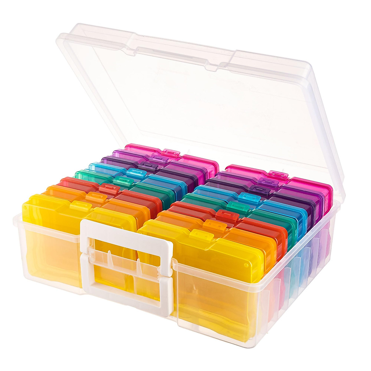 SUNMAIO 4" x 6" Photo Cases and Clear Craft Keeper with Handle - 16 Inner Cases Plastic Storage Container Box (Multi-Colored)