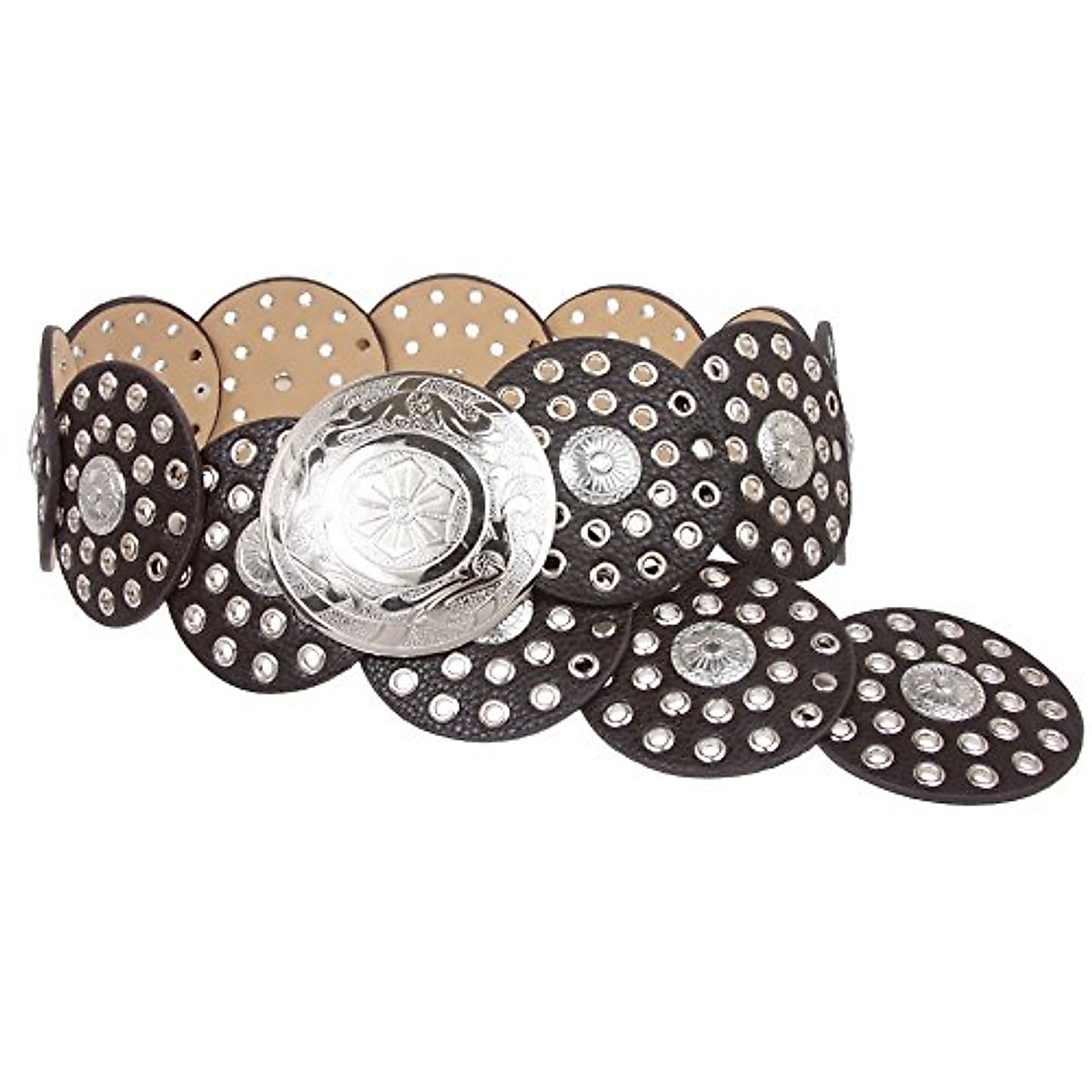 Women's 3 1/2" (90 mm) Wide Boho Disc Concho Leather Belt, Dark Brown | l - 45" (114 cm) end-to-end