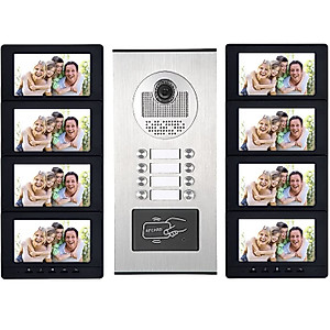 AMOCAM 8 Units Apartment Intercom System, Video Intercom Video Door Phone Kit, HD Camera 7" Monitor with ID keyfobs Unlock for 8 Household or Office