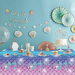 4 Pcs Mermaid Tablecloths, Rectangular Mermaid Table Covers, Disposable Mermaid Table Cloths for Parties Under the Sea Baby Shower Mermaid Birthday Decorations Mermaid Party Supplies, 51x86 Inch