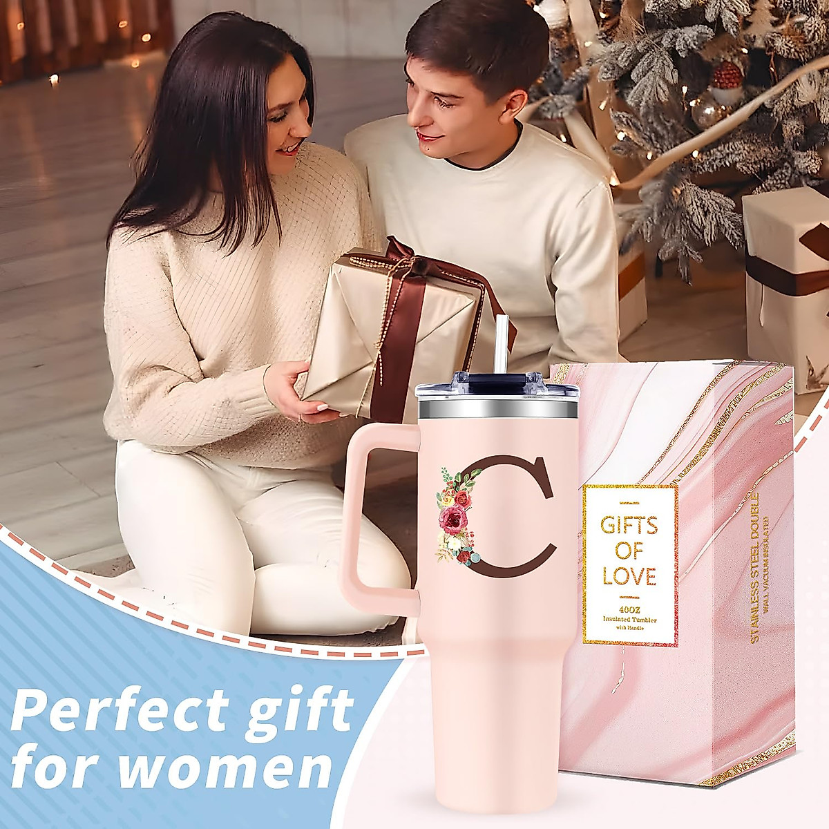 Monogrammed 40oz Tumbler with Handle for Women, Personalized Birthday Gifts for Women,Initial Cups for Woman Floral Letter C,Customized Gifts for Female Lady Gift for Mothers Day Christmas