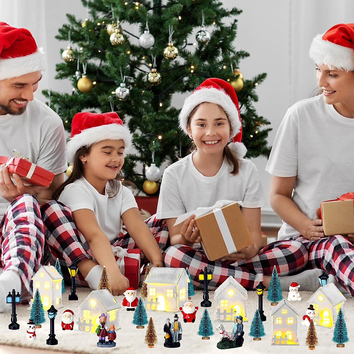 Liliful 36 Pcs Christmas Village Sets White Christmas Village Lighted LED Christmas Village Houses with Figurines Xmas Trees People Villager Snowman Elk Lamp Xmas Scene Figurines Decoration