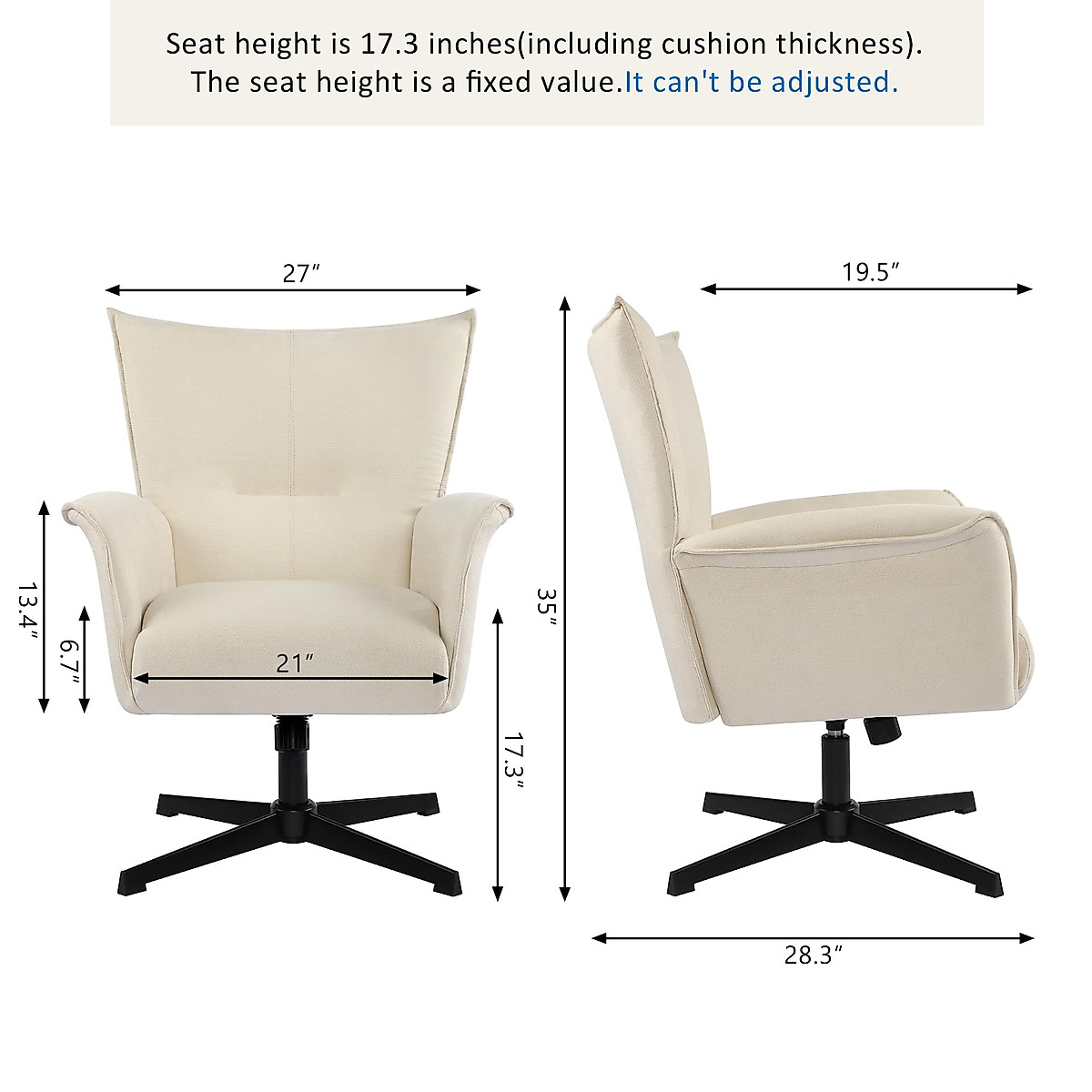 DAGONHIL Home Office Chair Desk Chair No Wheels Armchair Linen Fabric Swivel Chair High-Back Wide Seat Upholstered Accent Chair with Metal Legs Computer Chair, Beige
