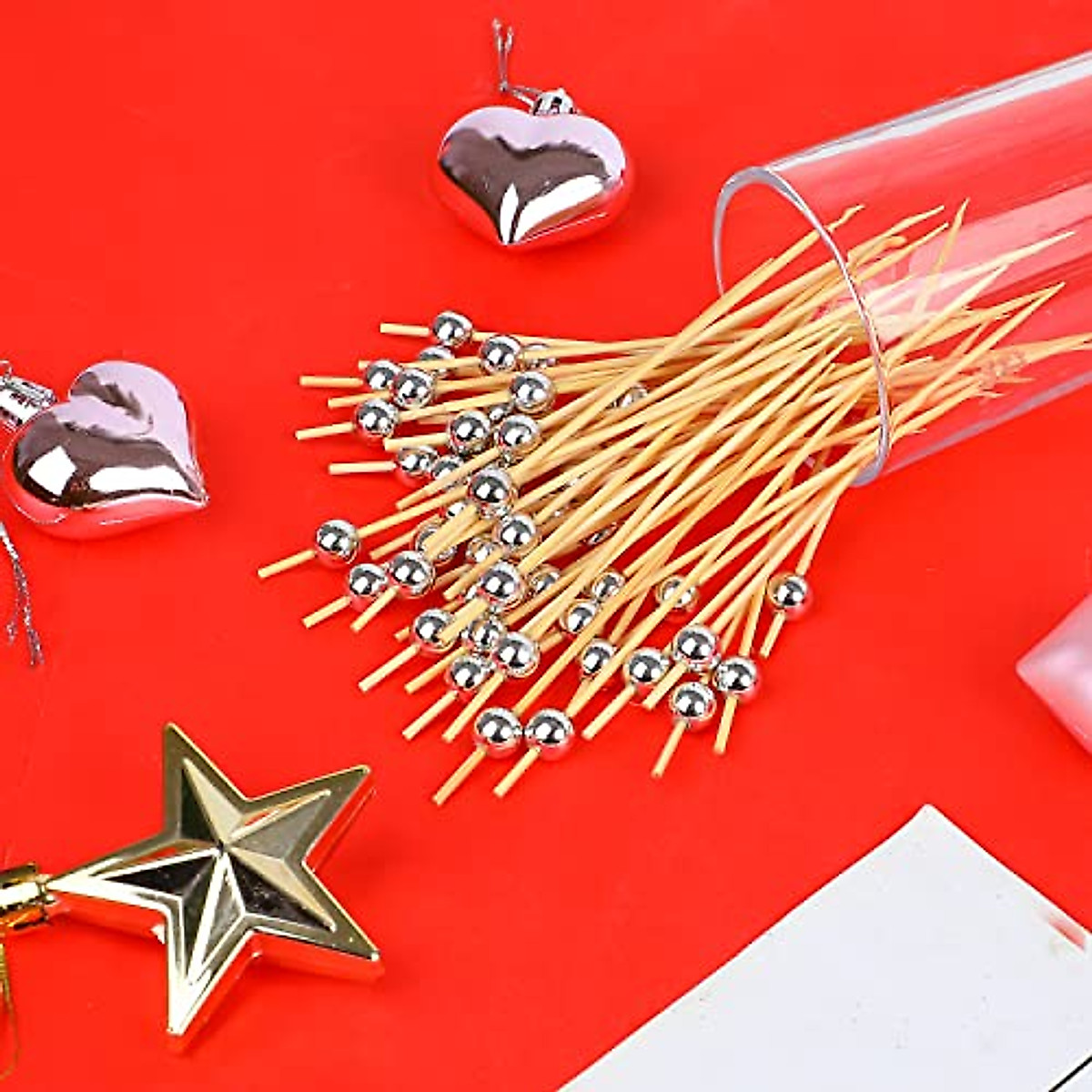 KIMOBER 100PCS Cocktail Picks,Silver Pearl Handmade Bamboo Cocktail Toothpicks for Appetizers Fruit Party,Cocktail Sticks Party Supplies