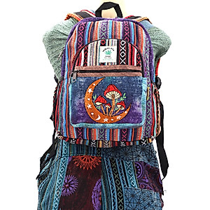 Unique Moon & Mushroom Embroidered Himalaya Hemp Hippie Backpack Festival Backpack FAIR TRADE Handmade with Love. (MINI)
