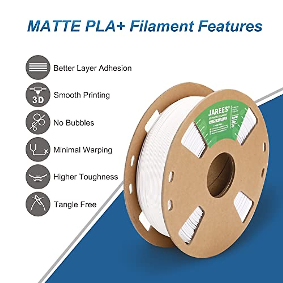 JAREES PLA Plus/Pro Matte Filament 1.75mm,Ultra High Toughness Matte PLA+ Roll 1kg Spool (2.2lbs),White PLA 3D Printer Filament Fit Most FDM Printer (White)