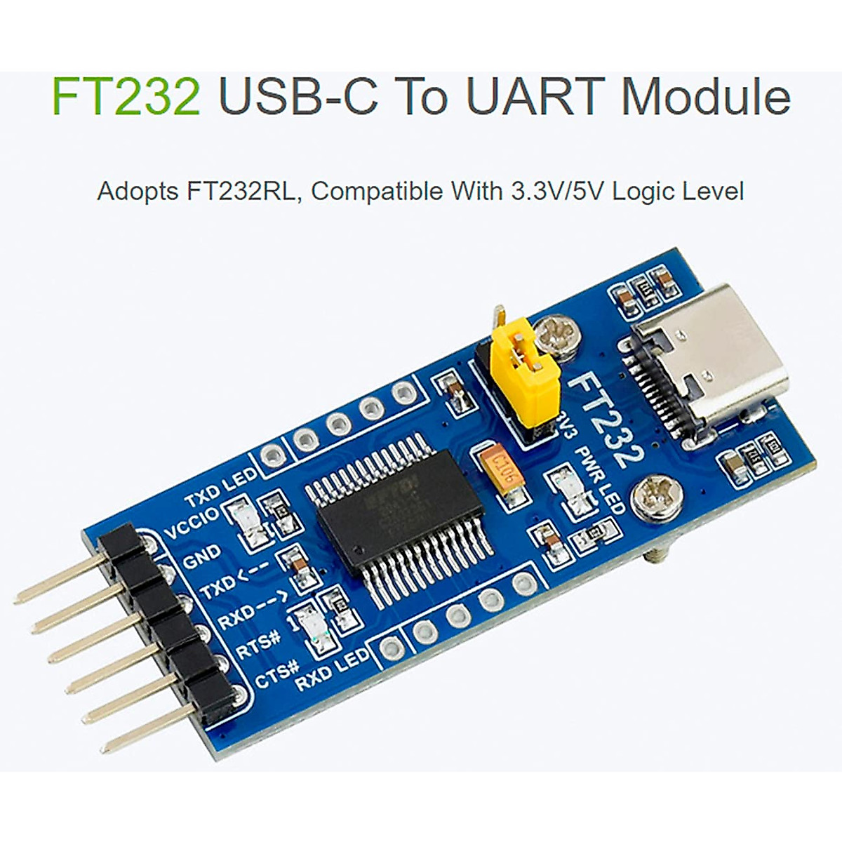 waveshare FT232 USB-C to UART (TTL) Communication Module USB-Type C Connector, Compatible with 3.3V/5V Logic Level, Support Linux Android Wince Windows 7/8/8.1/10/11, etc.