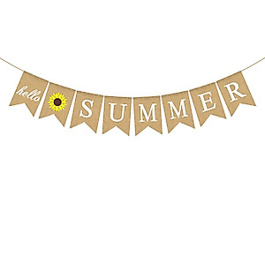 Jute Burlap Hello Summer Banner with Sunflower Summer Party Mantel Fireplace Decoration