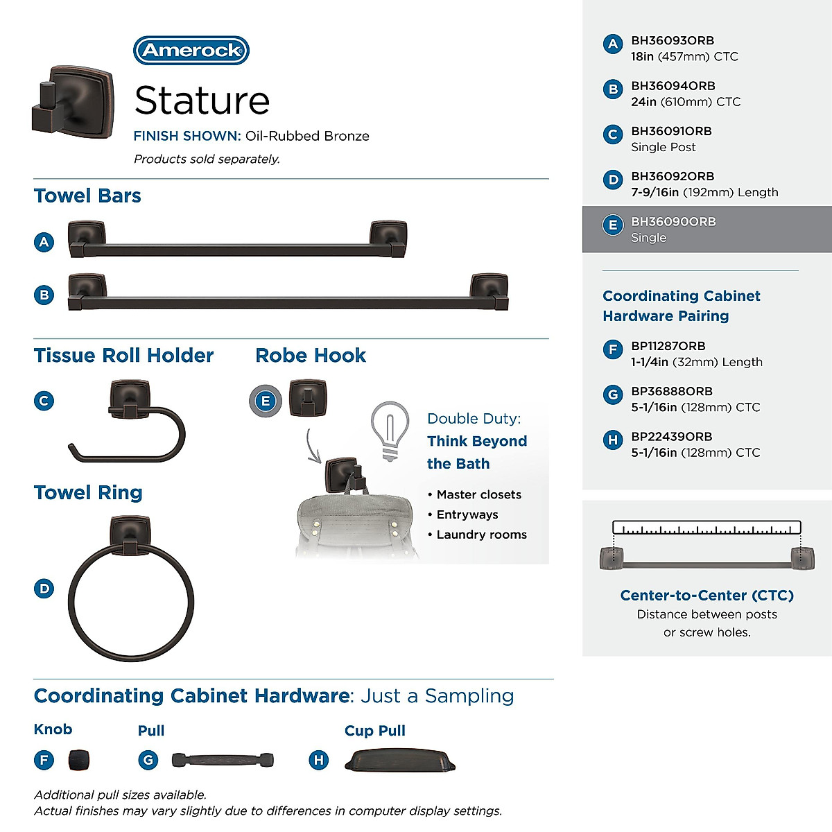 Amerock BH36090ORB | Oil Rubbed Bronze Single Robe Hook | 2-1/4 in. (57 mm) Length Towel Holder | Stature | Towel Hook for Bathroom | Bathroom Hardware | Bath Accessories