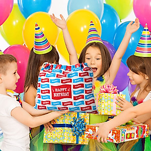 2 Pieces 20×16 inch Large Birthday Drawstring Gift Bag Canvas Gift Bags with Drawstring Printed with Red and Blue Happy Birthday Flags Drawstring Gift Bag for Kids Grandchildren Friends