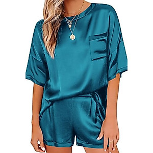 Senert Satin Pajamas for Women Short Sleeve Silk Pajama Sets Soft Sleepwear Top With Loose Causal Pj Shorts Peacock Blue,Small