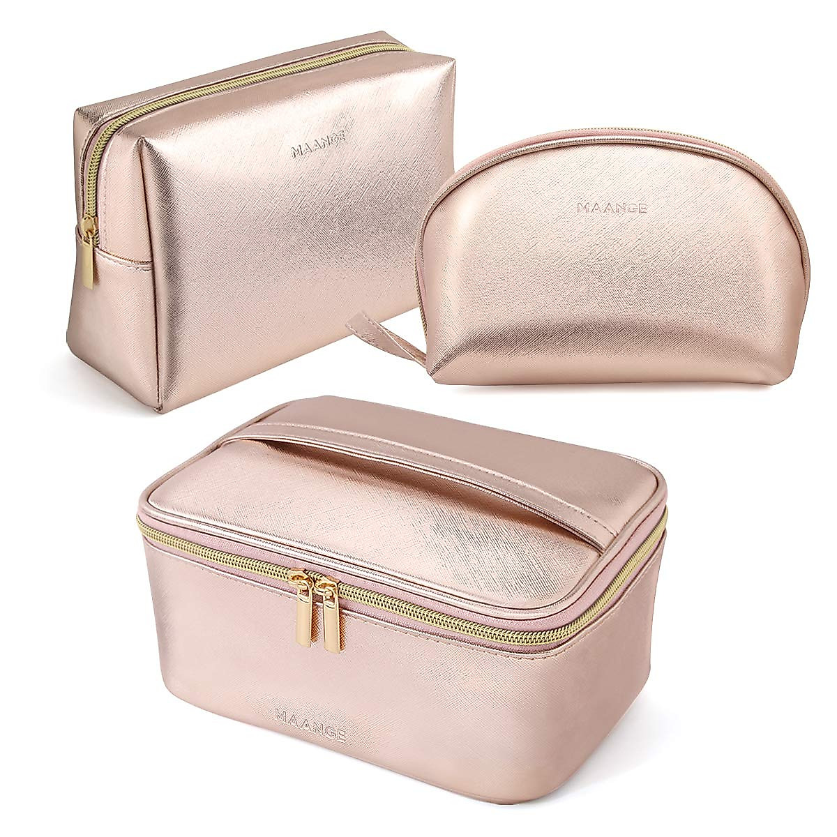 MAANGE 3 Pcs Makeup Bag Portable Travel Cosmetic Bag Large Makeup Bag Organizer with Gold Zipper Waterproof Toiletry Bags for Women and Girls(Rose Gold)