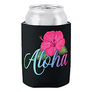 Aloha Hawaii Hibiscus & Mahalo Beer Can Coolers Sleeves (2-Pack) & 1 Aloha Decal - Soft Insulated Beer Can Cooler Sleeves - 5mm Neoprene Collapsible Black Can Sleeves for Soda, Beer & Water Bottles