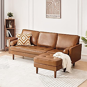 Vonanda Sofa Couch, Sectional Couch Convertible Sectional Sofa L Shaped Couch with Reversible Chaise and Bolster Pillows, Faux Leather Couch for Living Room, Apartment and Small Space, Caramel